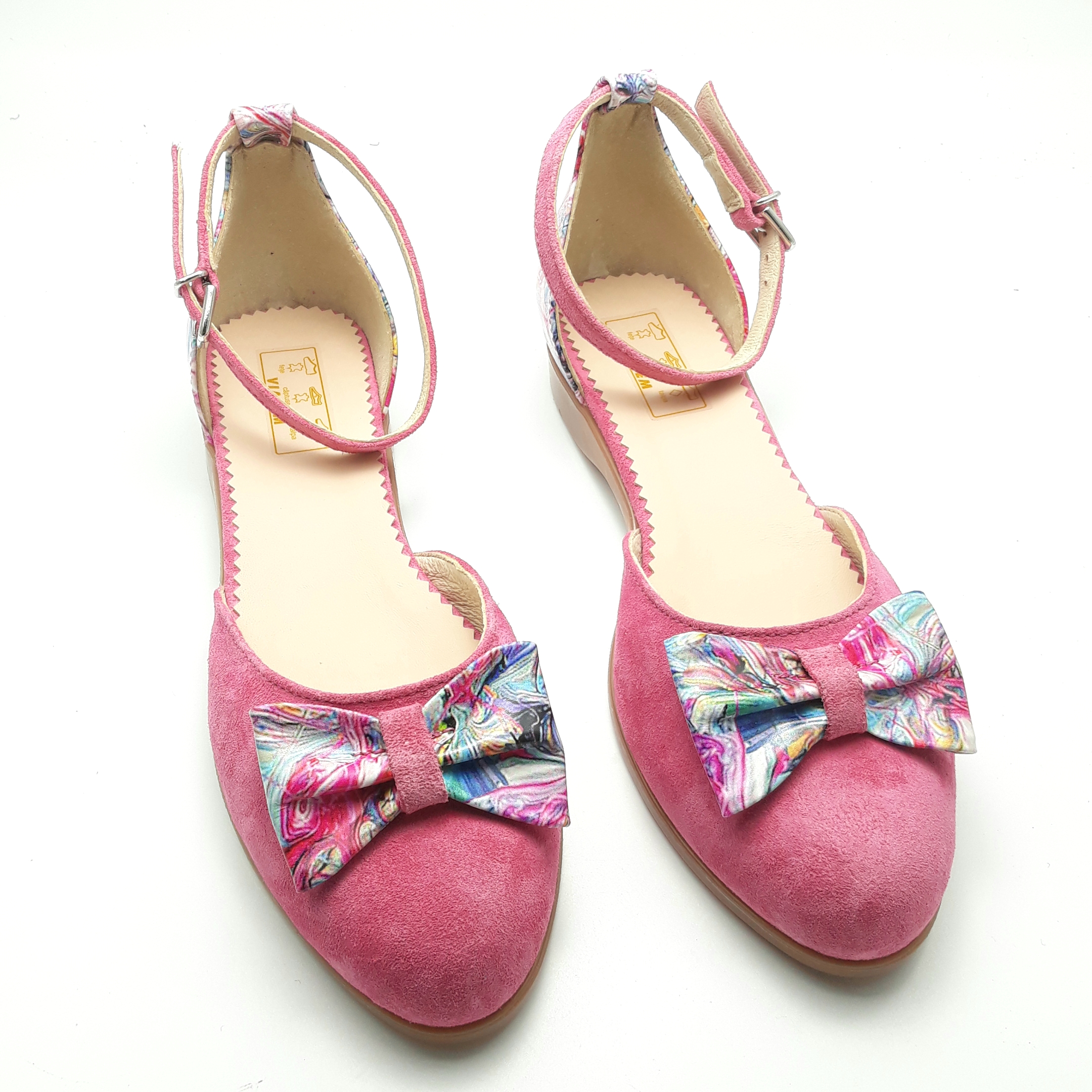 Balerini decupati din piele naturala intoarsa roz cu fundita - Magazin ...