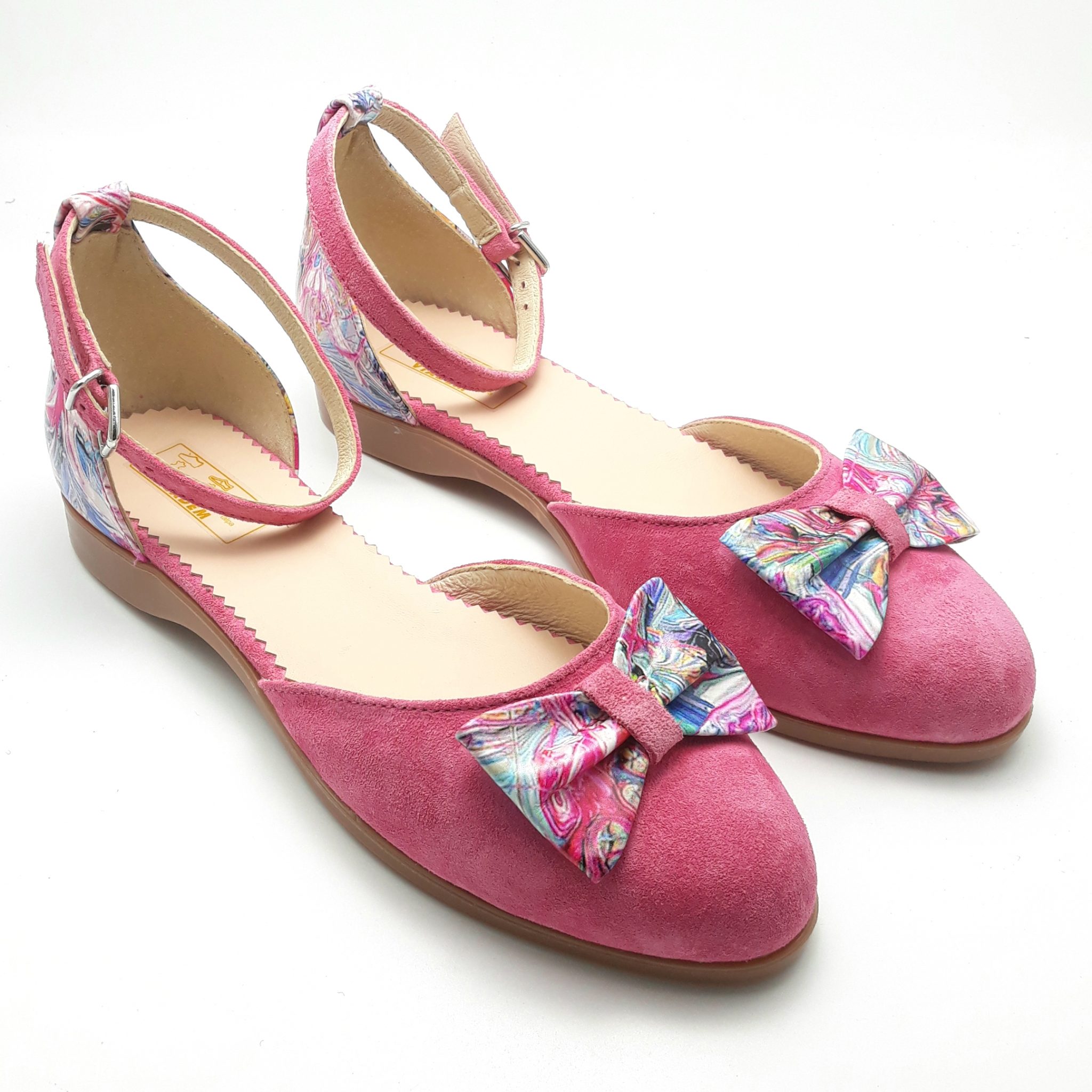 Balerini decupati din piele naturala intoarsa roz cu fundita - Magazin ...