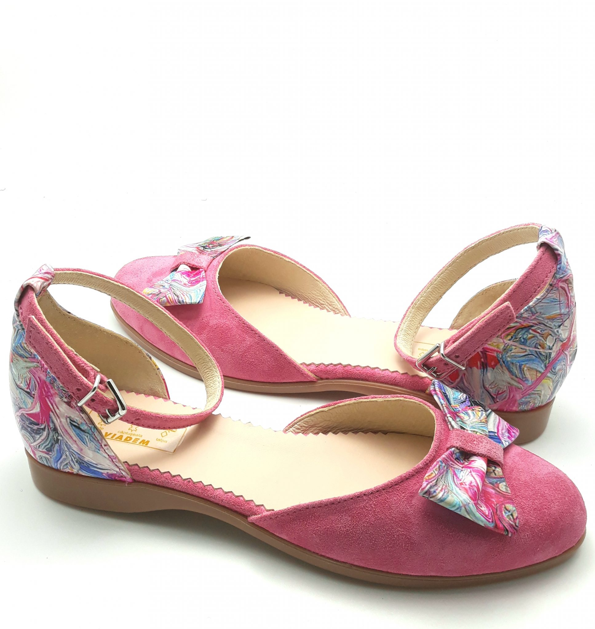 Balerini decupati din piele naturala intoarsa roz cu fundita - Magazin ...