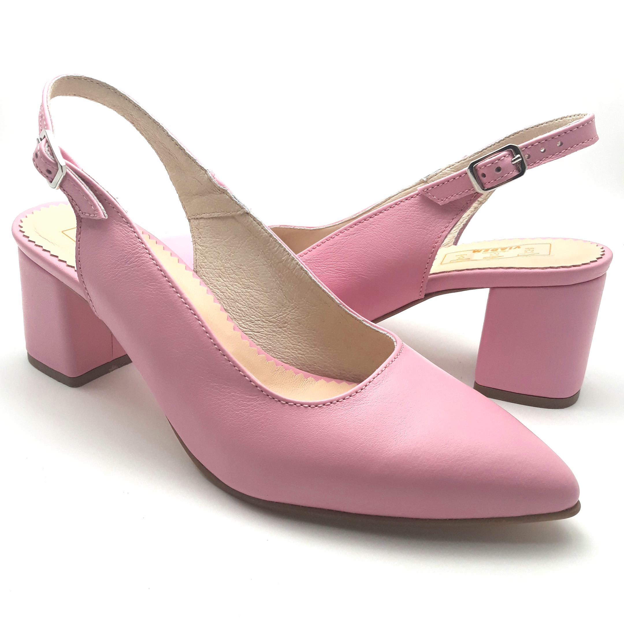 Pantofi decupati cu toc gros din piele naturala roz - Magazin ...