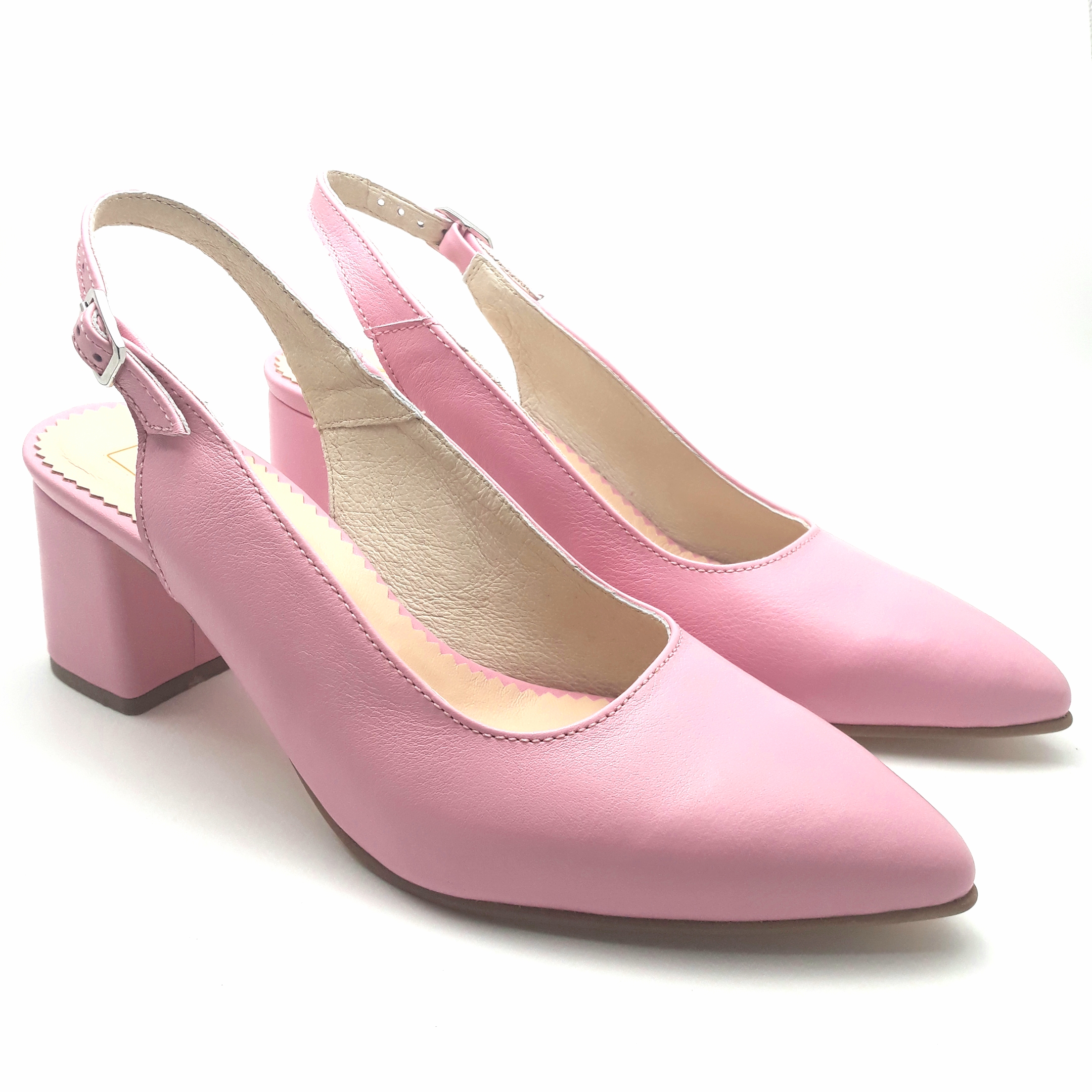 Pantofi decupati cu toc gros din piele naturala roz - Magazin ...